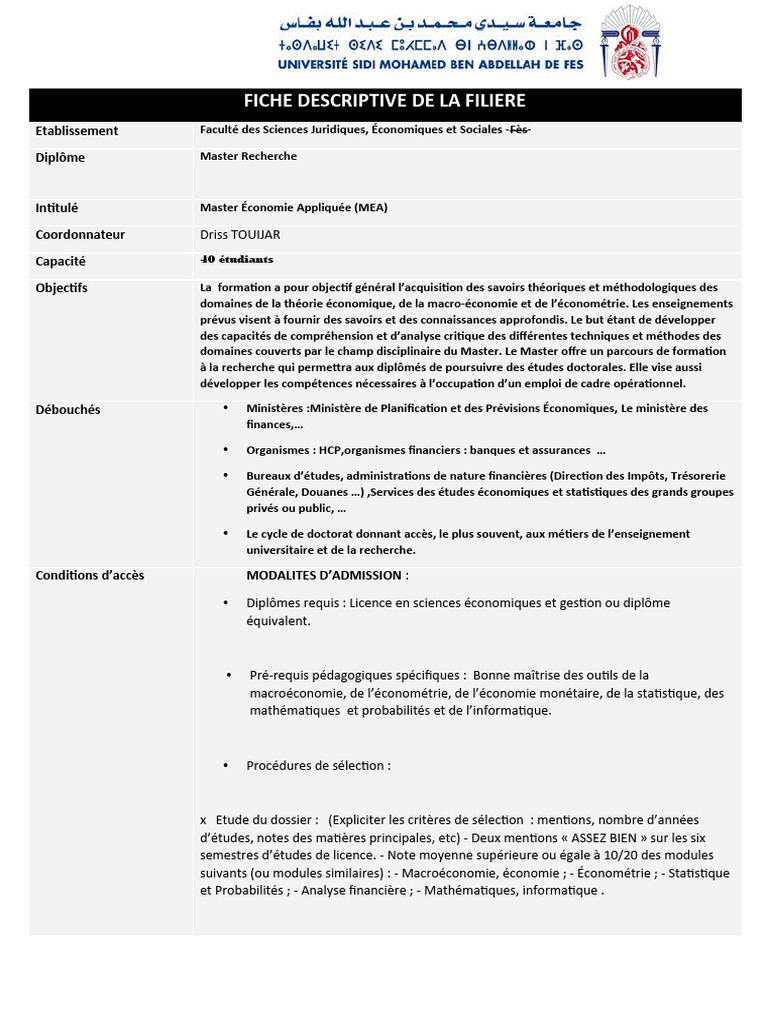 FICHE DESCRIPTIVE DE LA FILIERE Master Économie Appliquée MEA | PDF