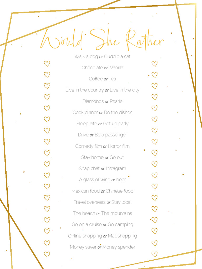 Free Printable Bridal Shower Game Would She Rather | PDF