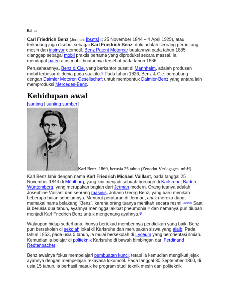Rafi Ar Carl Benz | PDF | Motor Vehicle Manufacturers | Car