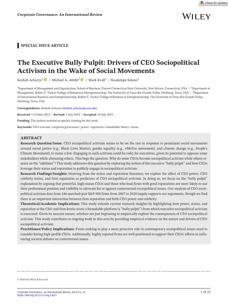 Corporate Governance - 2024 - Acharya - The Executive Bully Pulpit ...