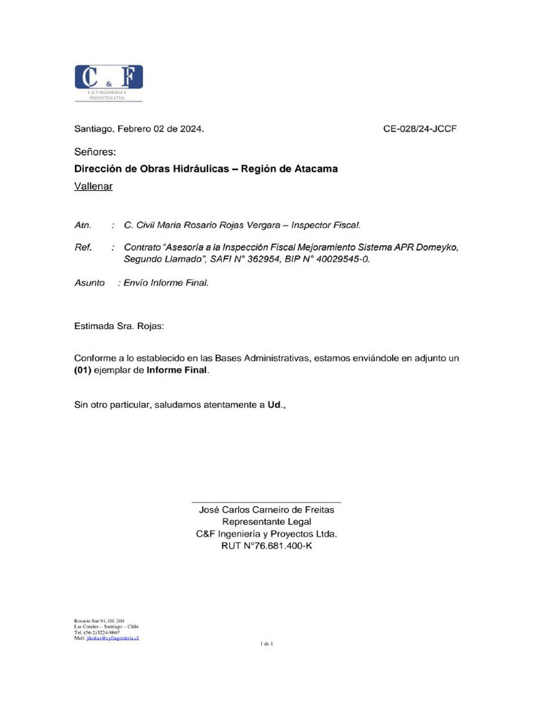 Carta 028 - JCCF 24 - DOH Informe Final - Domeyko | PDF