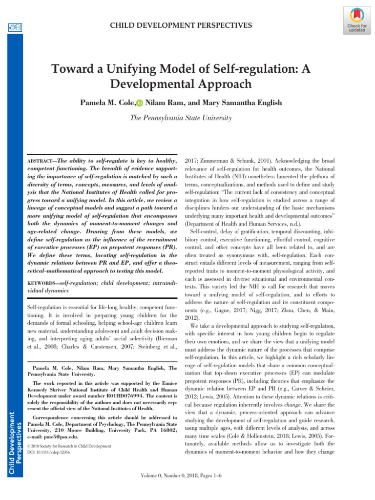 Cole y Otros - Toward A Unifying Model of Self-Regulation | PDF