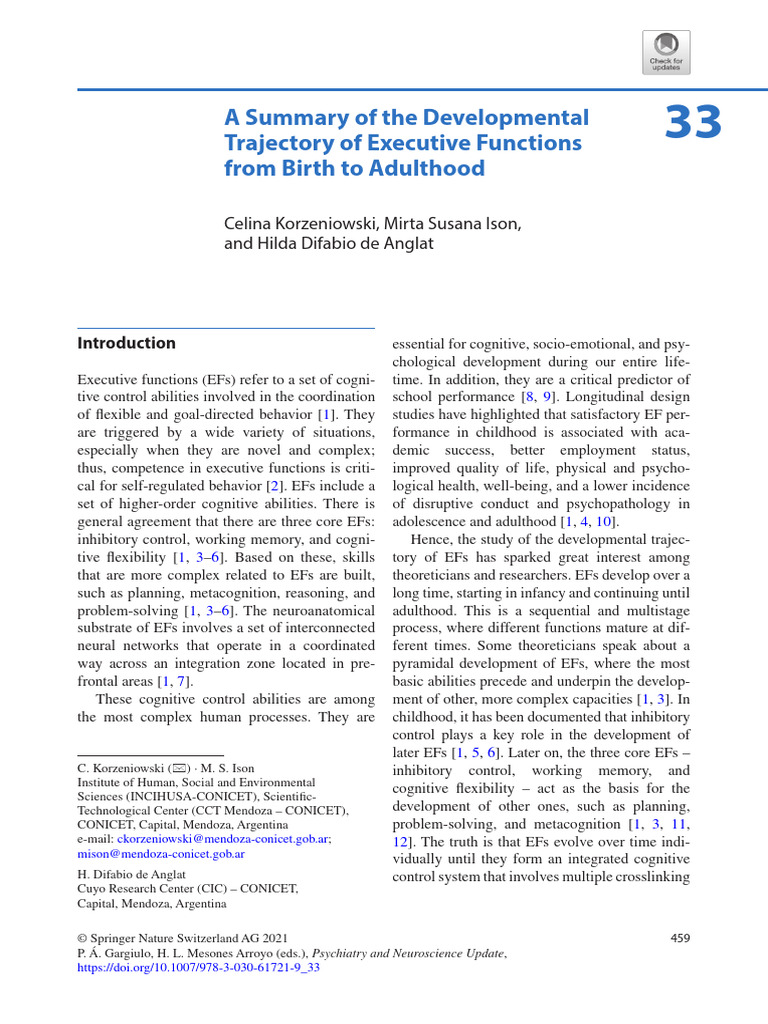 Korzeniowski y Otros - A Summary of The Developmental Trajectory of Executive Functions From ...