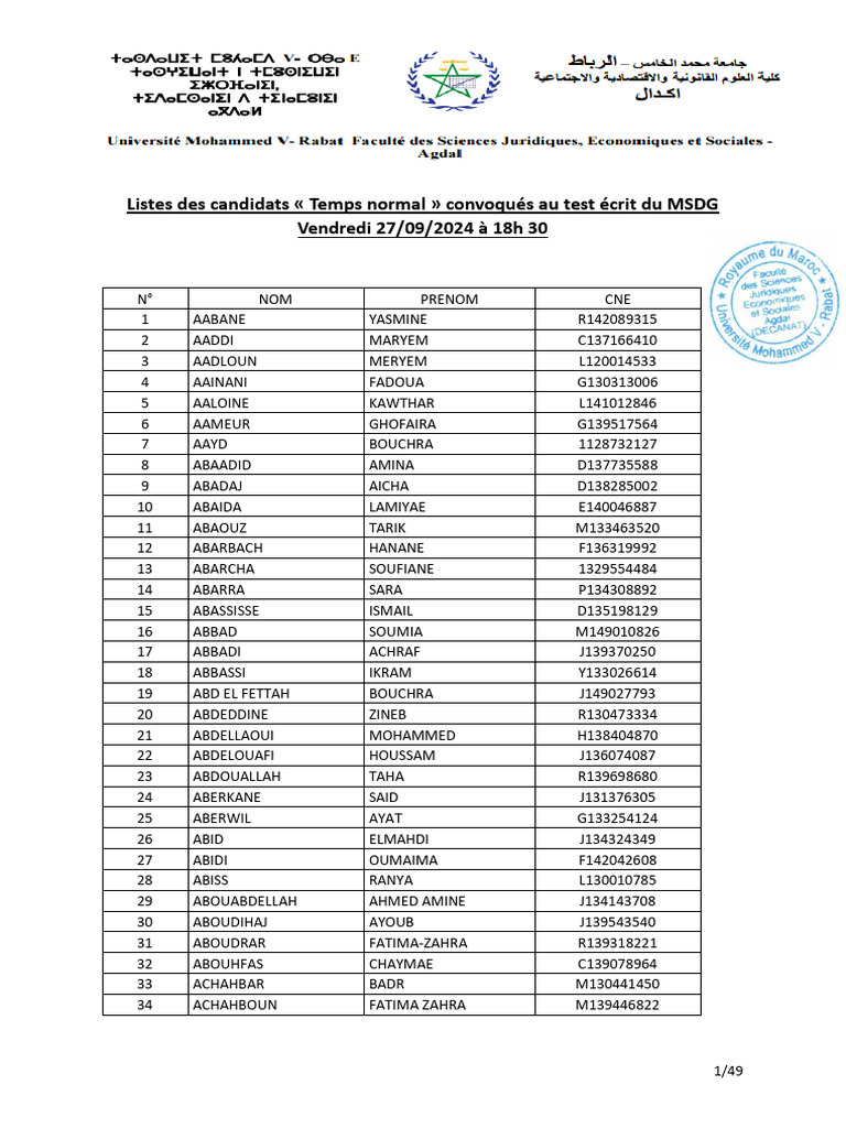 Listes Test Écrit MSDG TN 24 - 25 | PDF