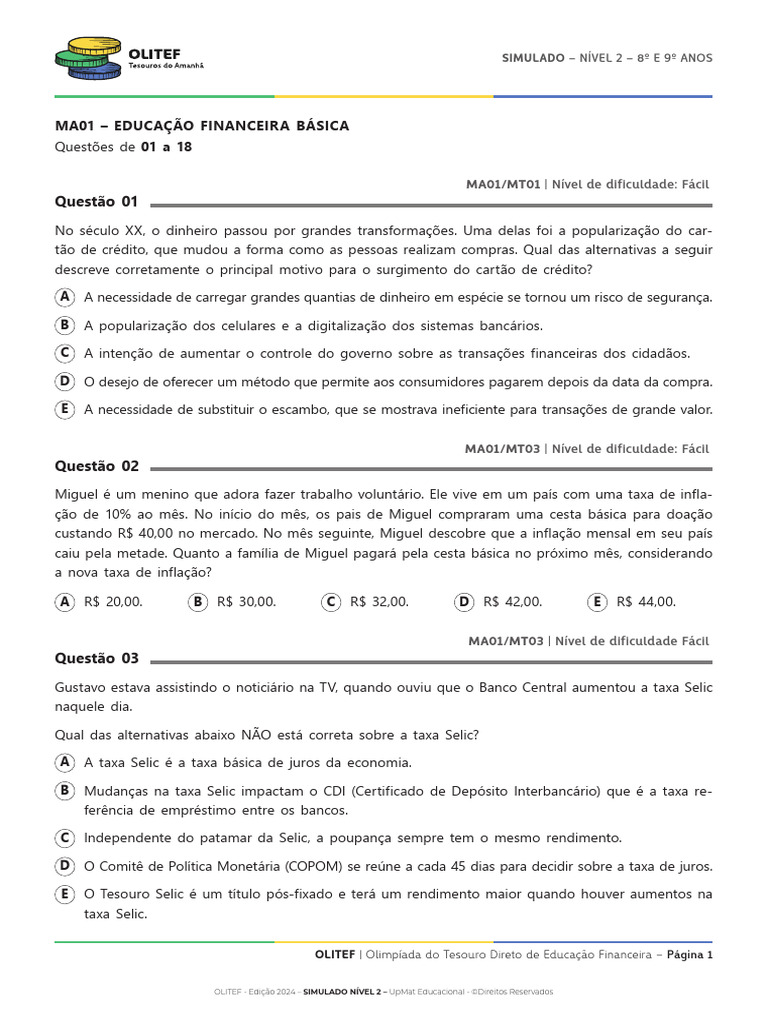 Olitef2024 - Simulado - Nivel2 - Resolucoes 8 e 9 Anos | PDF