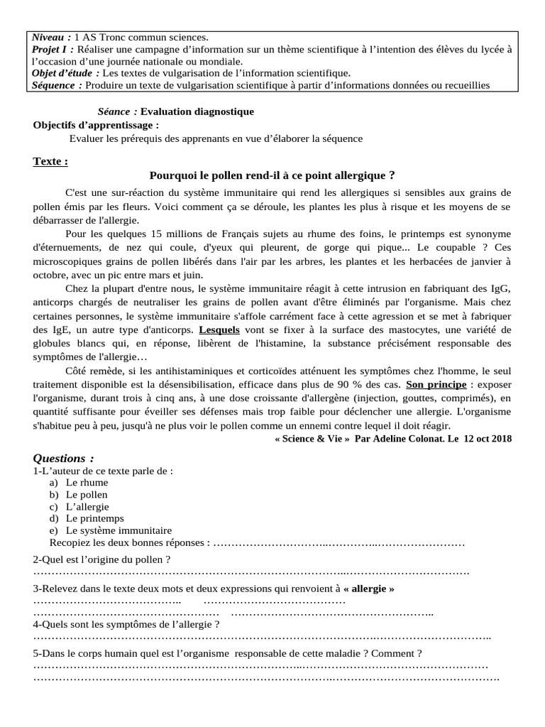 Evaluation Diagnostique Pour 1as Projet I Séquence 1.docx Version 1 | PDF