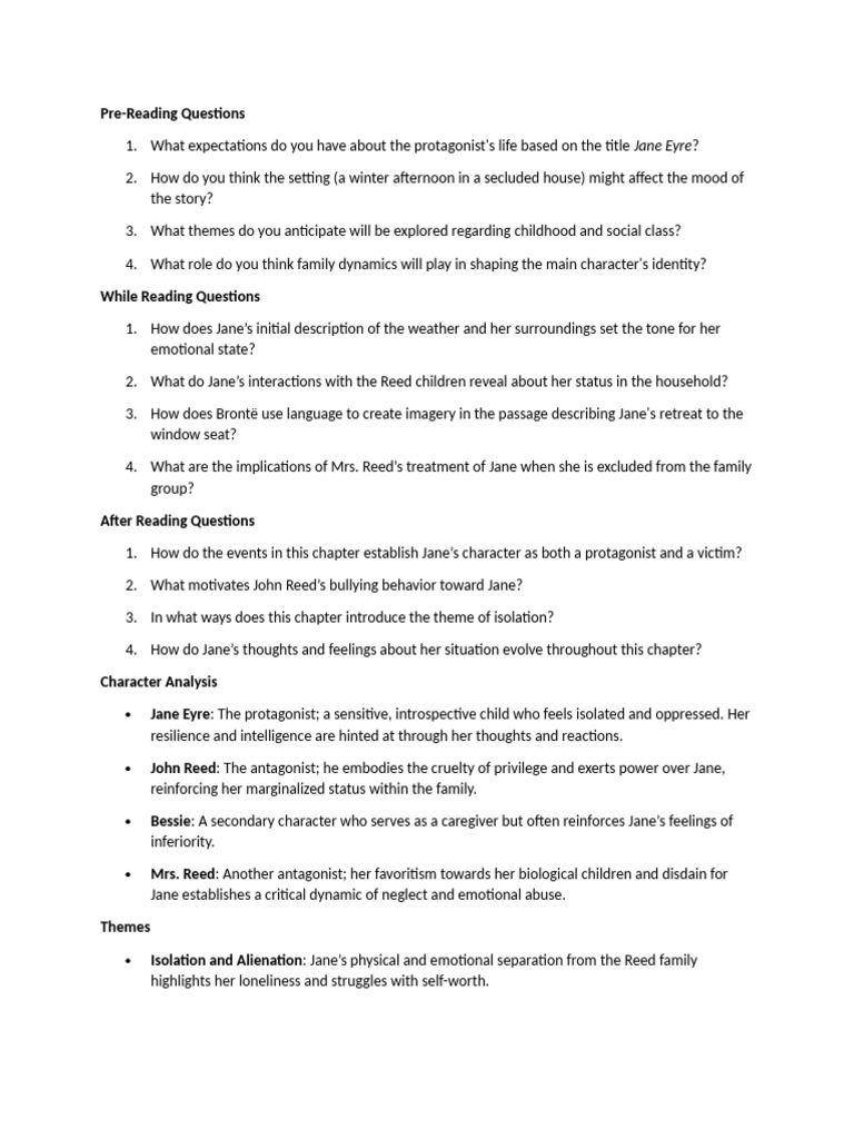 Pre-Reading Questions: Jane Eyre | PDF
