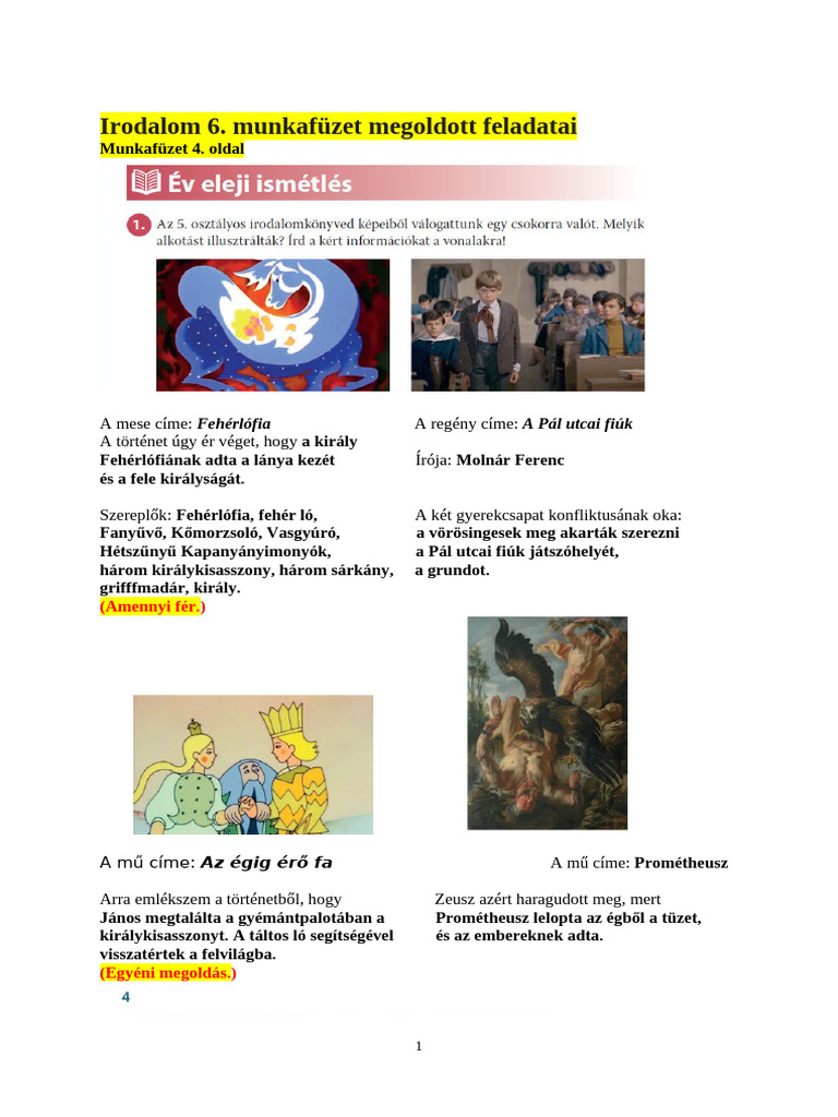 Megoldókulcs Irodalom 6 - MF - 1-30. Oldal | PDF