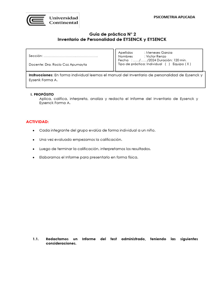 Guia de Trabajo #2 Aplicacion Inventario de Personalidad Eysenck Forma A | PDF