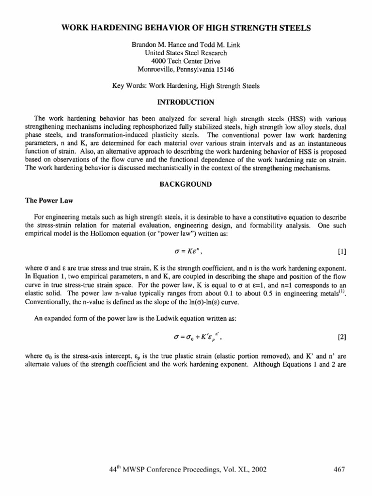 Work Hardening Behavior of High Strength Steels86 - 1 | PDF