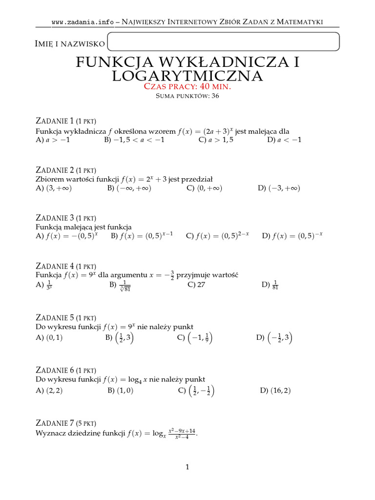 Funkcja Wykładnicza I Logarytmiczna: F F X A A A A A | PDF