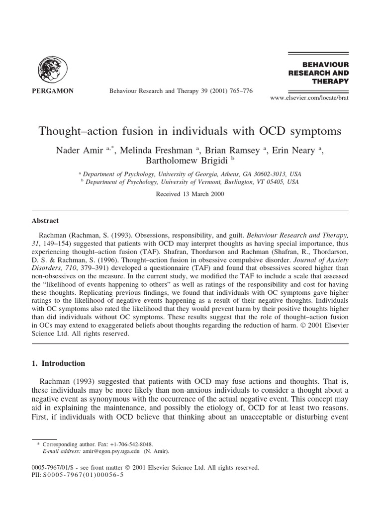 Thought-Action Fusion in Individuals With OCD Symptoms | PDF