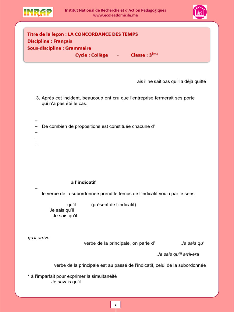 FRANC - 3me - LA CONCORDANCE DES TEMPS | PDF