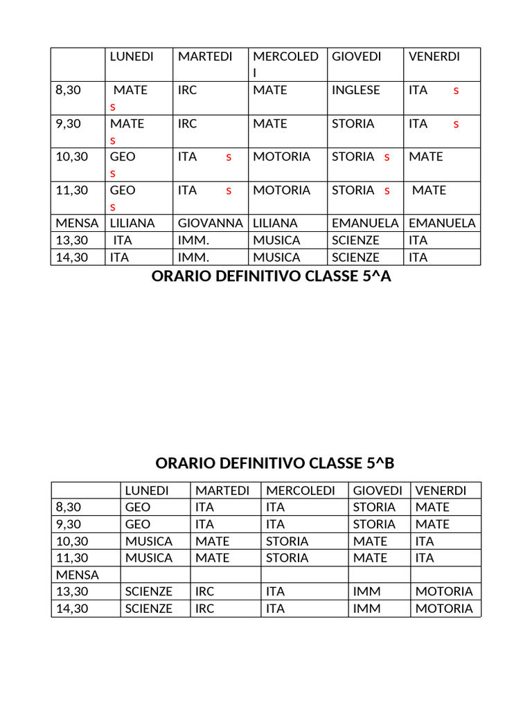 Orari Classi 5 | PDF