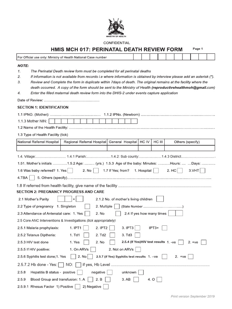 Hmis MCH 017 Perinatal Deaths Review Form 2019 | PDF