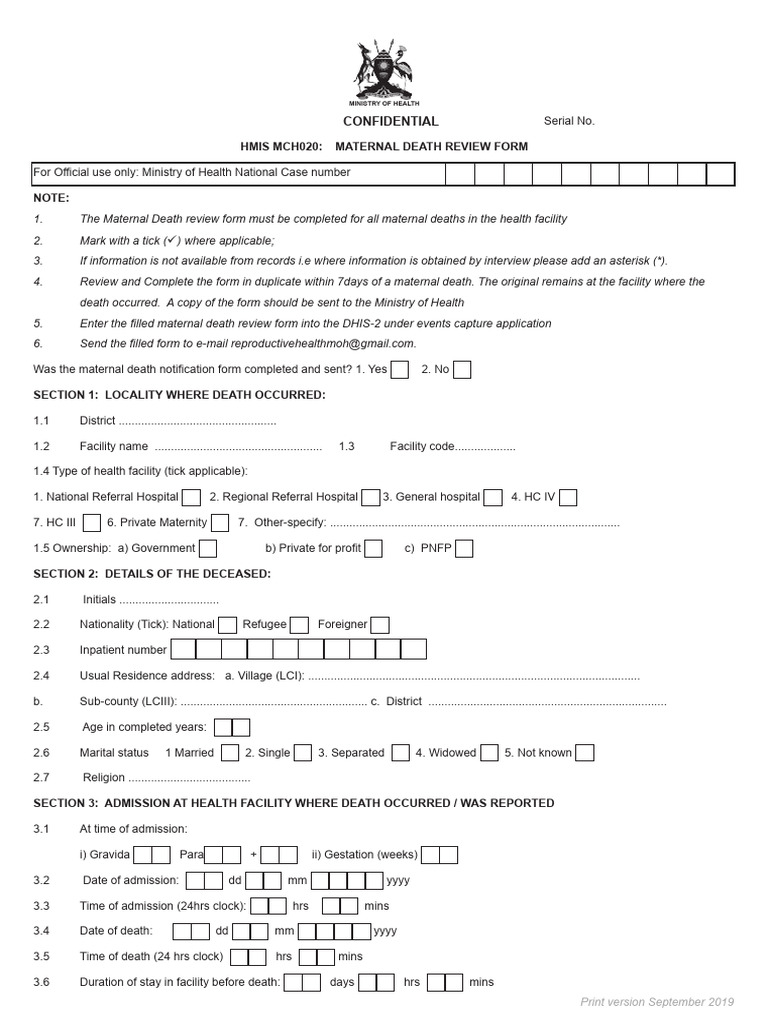Hmis MCH 020 Maternal Death Review Form | PDF