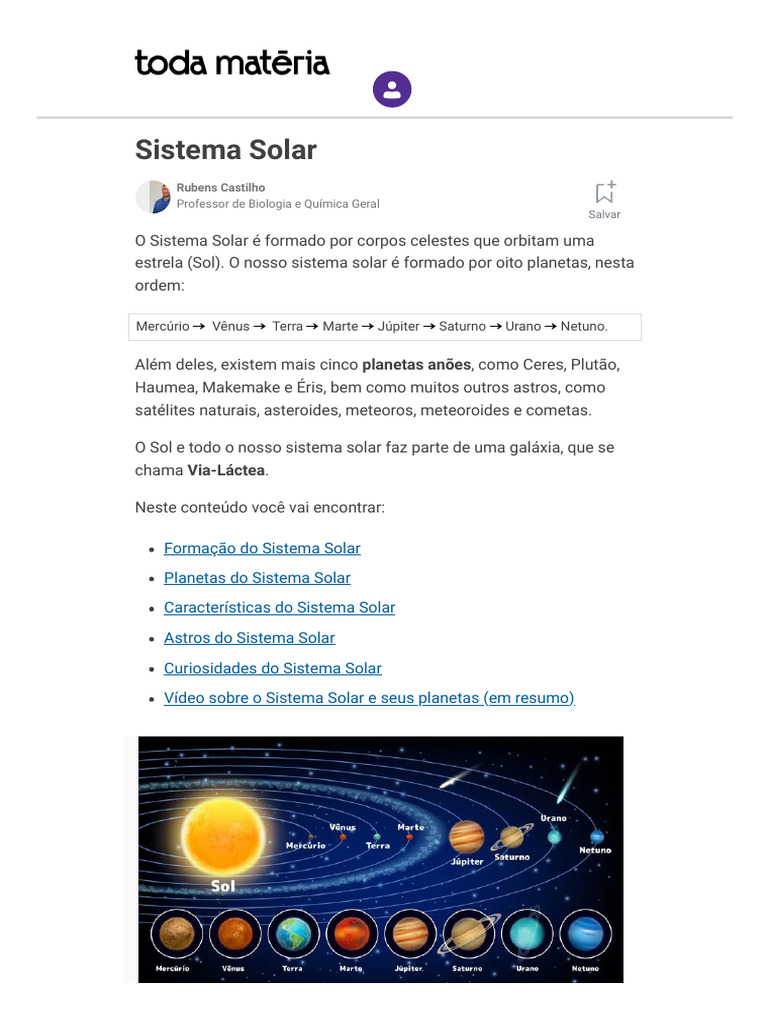 Sistema Solar - o Que É, Planetas, Origem e Características - Toda Matéria | PDF