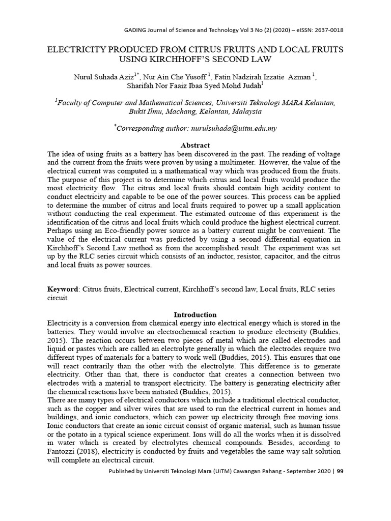 Electricity Produced From Citrus Fruits and Local Fruits Using ...