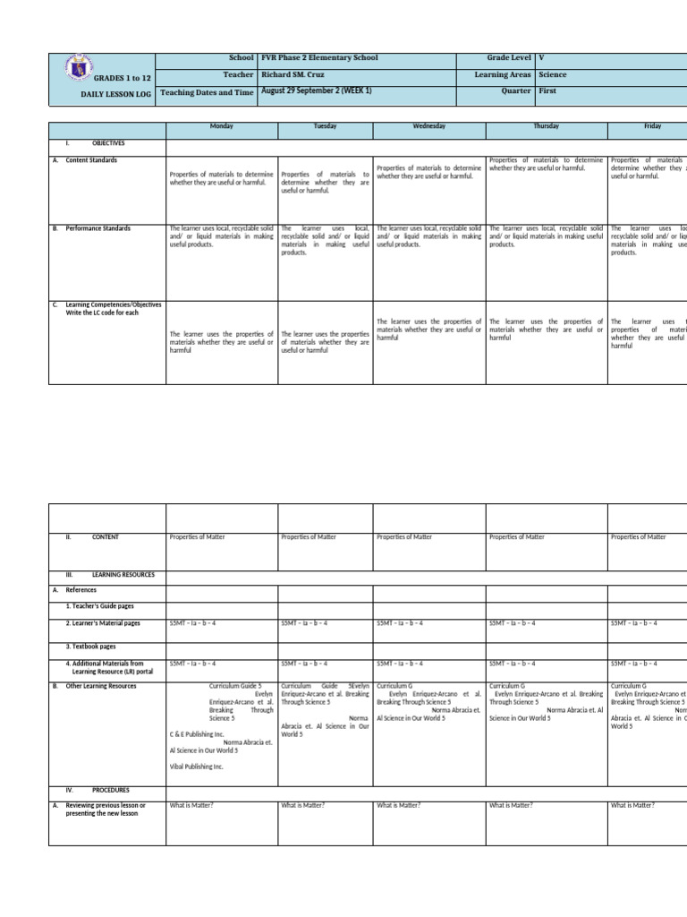 Science 5 q1 w1 DLL | PDF