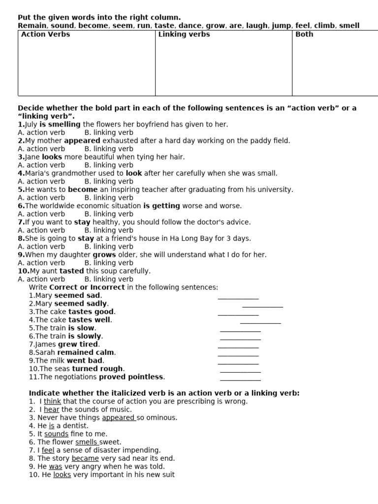 UNIT 1 LINKING VERB f0412 | PDF
