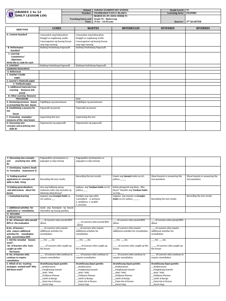 DLL - Filipino 6 - Q1 - W9 | PDF