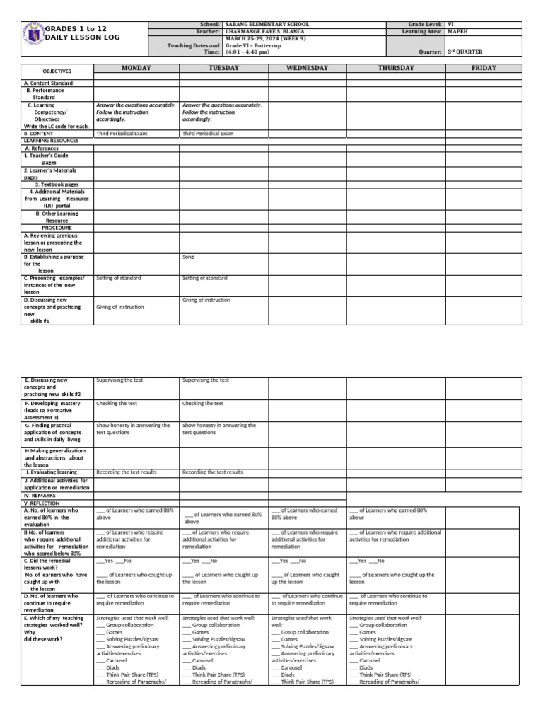 DLL - Mapeh 6 - Q1 - W9 | PDF