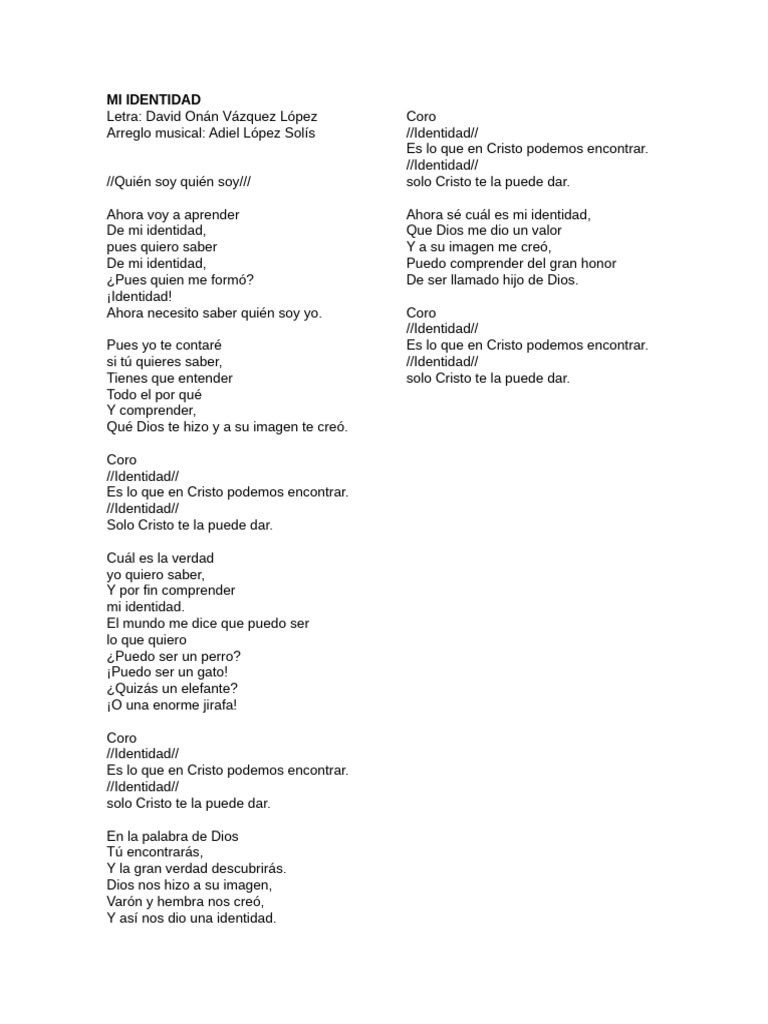 Letra Del CORO LEMA Mi Identidad | PDF