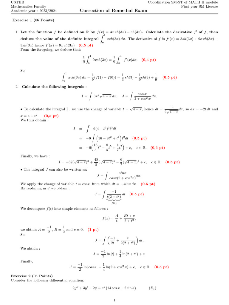 Corrected Rem-Exam of Math 2 (SM-June 2024) | PDF