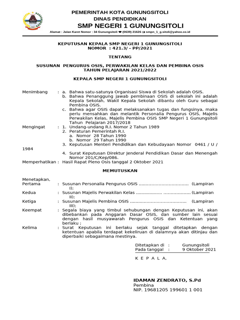 SK Osis Uptd SMP Negeri 1 Gunungsitoli | PDF