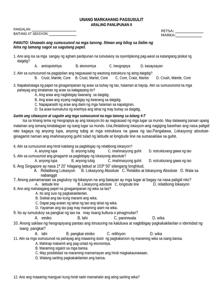 1st Periodical Exam - Ap8 - Sy 2023-2024 Final | PDF