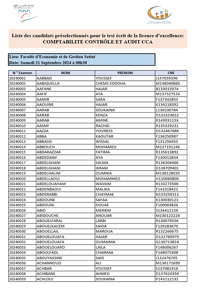 Liste CCA Écrit - Avec Numéro Exam | PDF