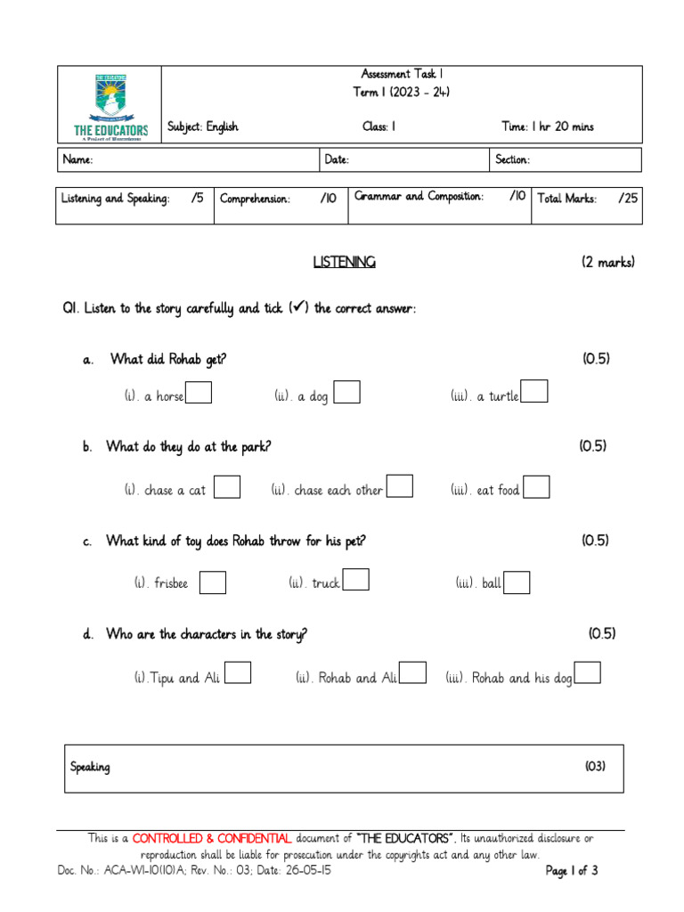 English Class I Assessment I | PDF | Language Arts & Discipline