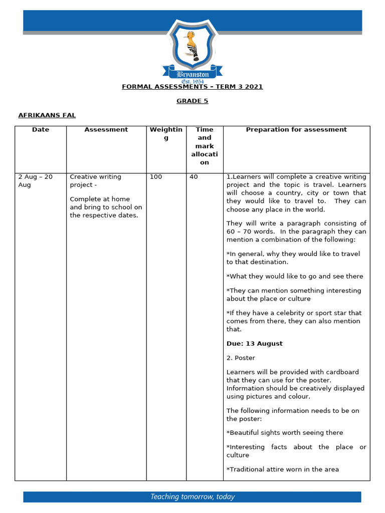 2021 Term 3 Learner Assessment Plan Grade 5 | PDF