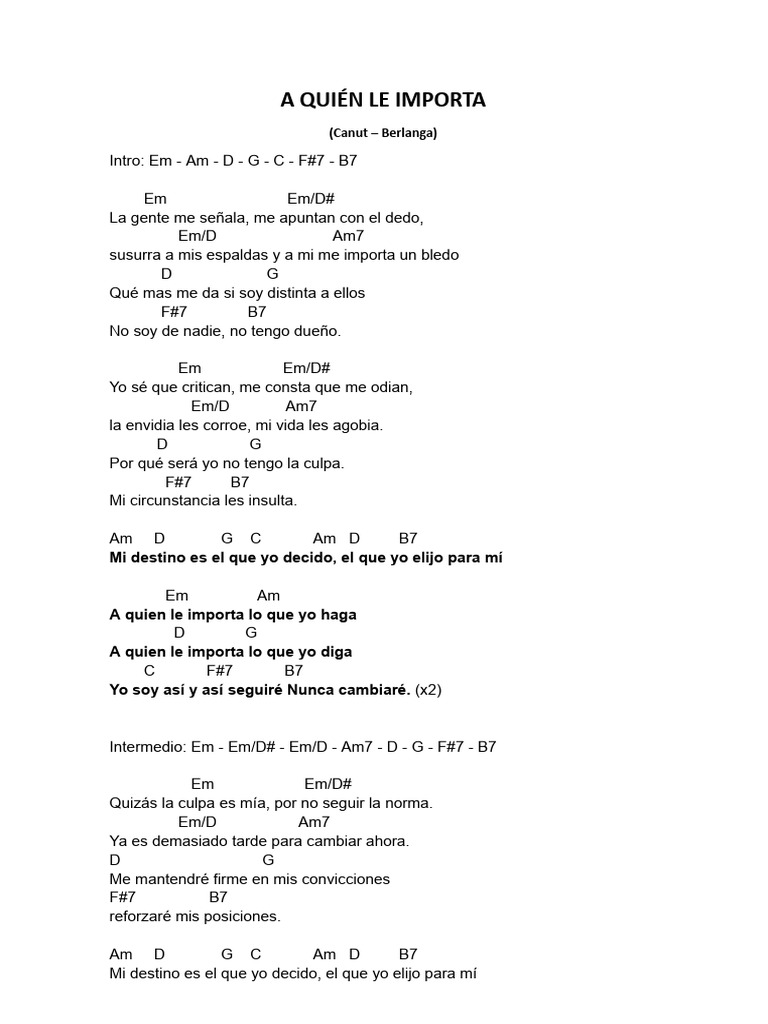 A QUIÉN LE IMPORTA Letra y Acordes Mi Menor | PDF