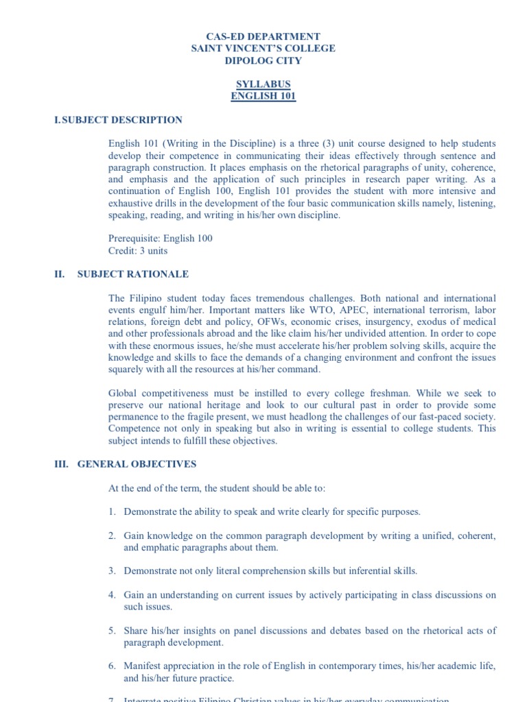 Syllabus English 101 | PDF | Paragraph | Sentence (Linguistics)