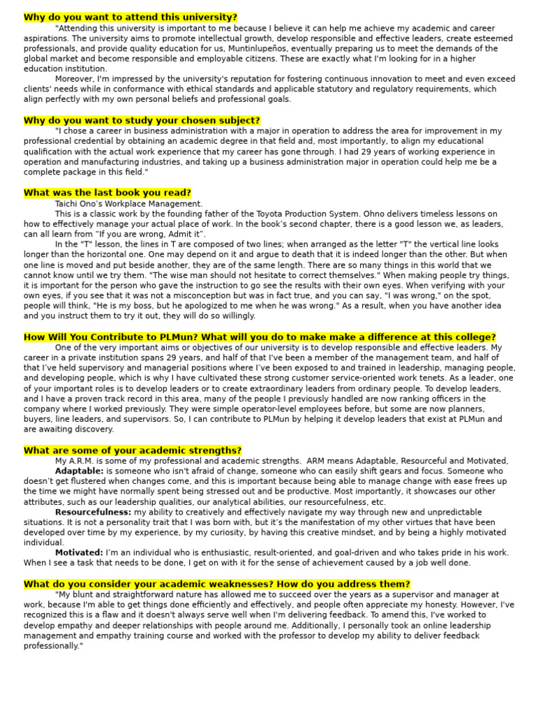 College Entrance Interview Question | PDF