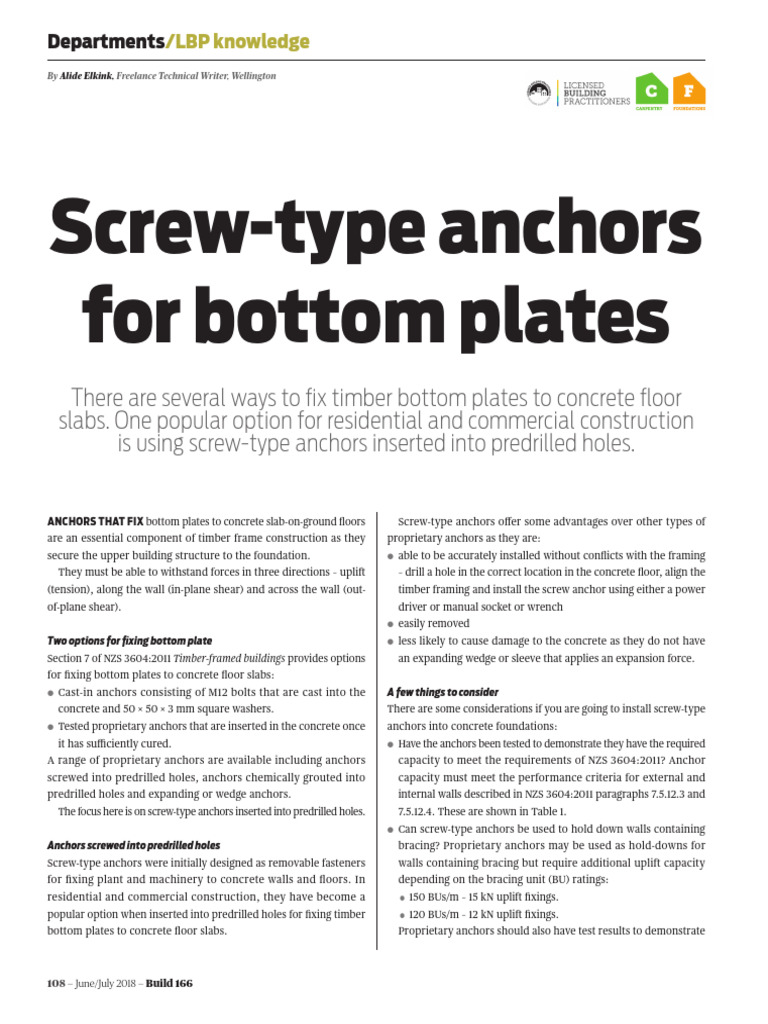 Build 166 108 LBP Knowledge Screw Type Anchors For Bottom Plates | PDF
