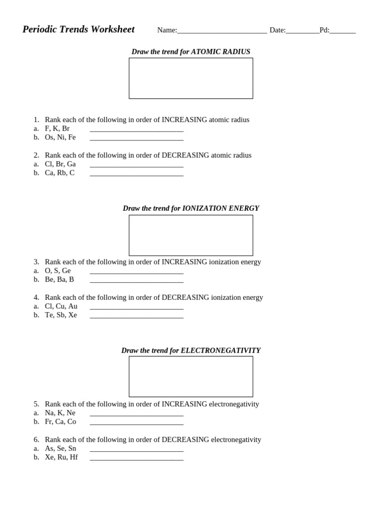 Periodic Trends Ranking Worksheet | PDF | Chemical Elements | Atomic ...