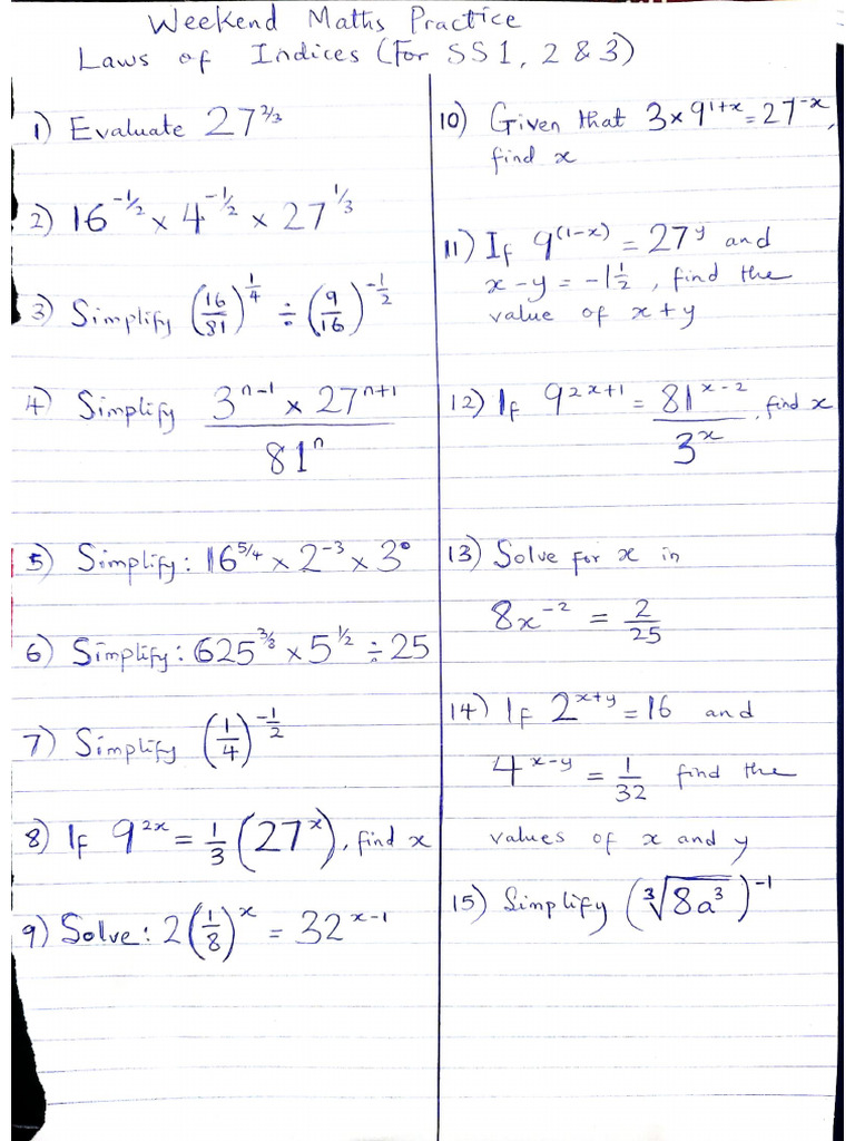 Laws of Indices Practice Questions | PDF
