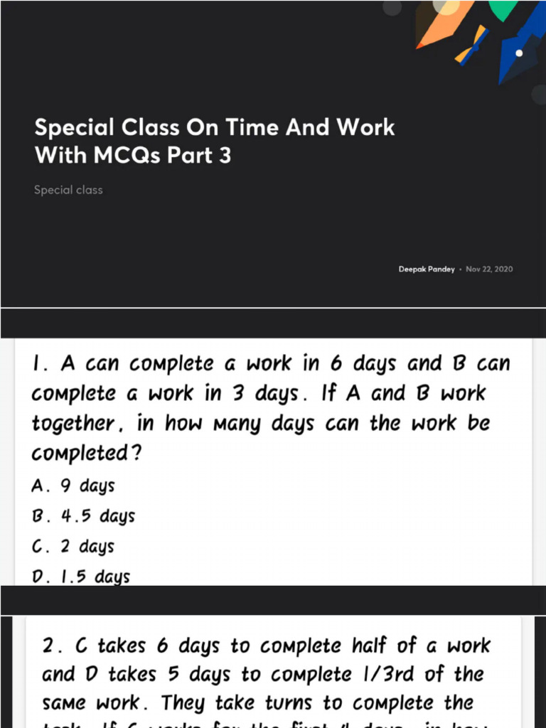 Special Class On Time and Work With MCQs Part 3 No Anno | PDF