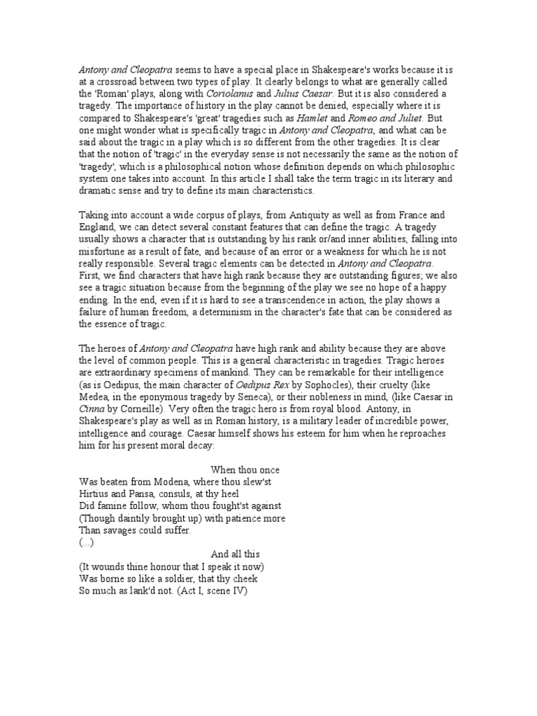 Tragic Elements in Antony and Cleopatra | PDF | Tragedy | Mark Antony