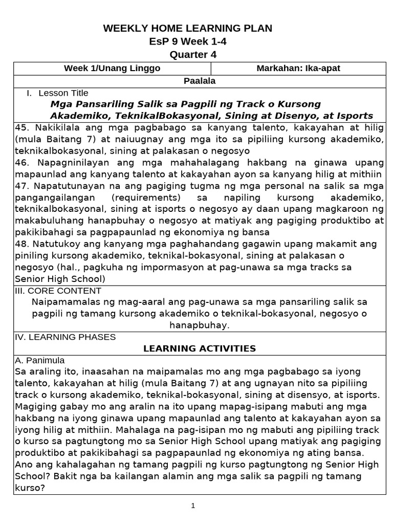 EsP9 WHLP Q4 Week 1 4 WITH PT 2024 | PDF