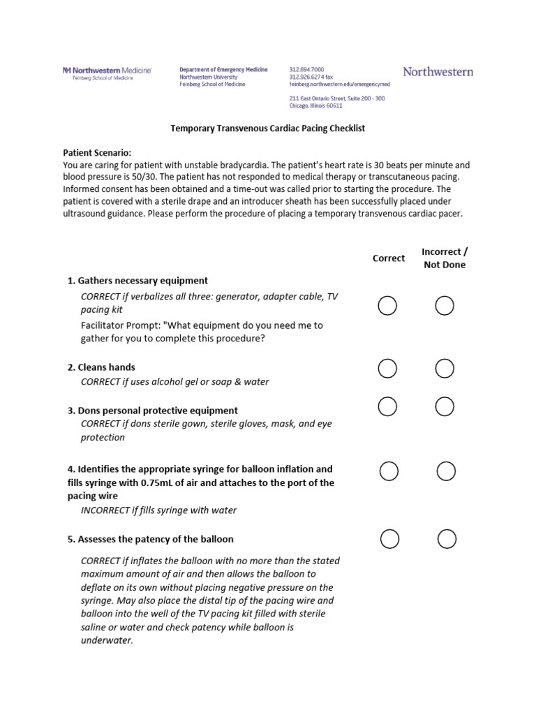Temporary Transvenous Cardiac Pacing Checklist | PDF | Artificial ...