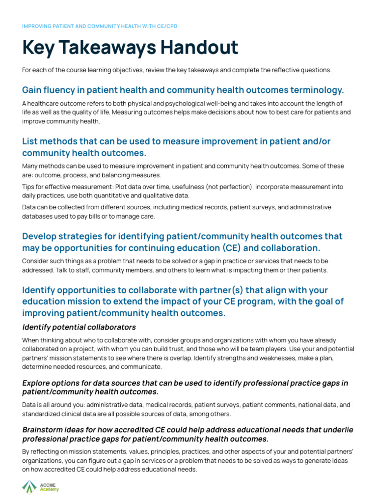 Key Takeaways Handout - Improving Patient Community Health | PDF ...