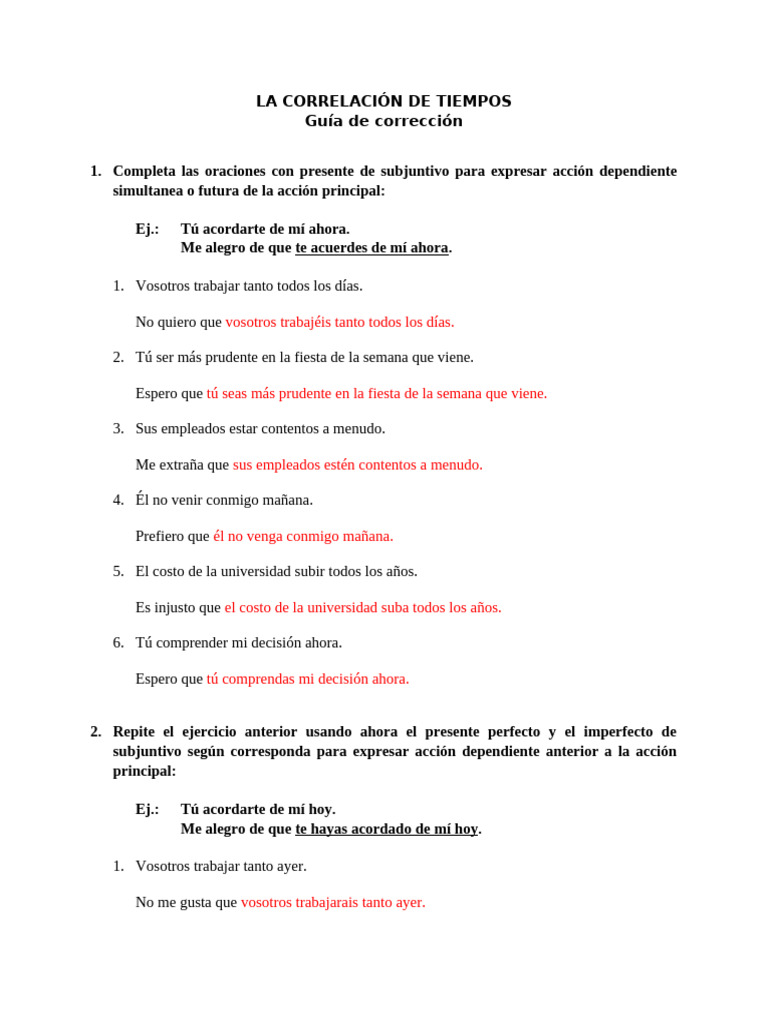 Answer Key - Tarea de La Correlación de Tiempos | PDF | Estudios de idiomas extranjeros