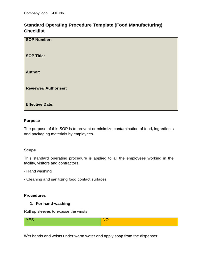 SOP Sample - Food Manuf.-4 | PDF | Hand Washing | Cooking, Food & Wine