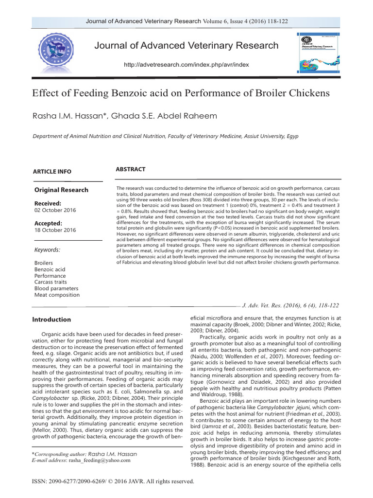 Effect of Feeding Benzoic Acid On Performance of Broiler Chickens | PDF