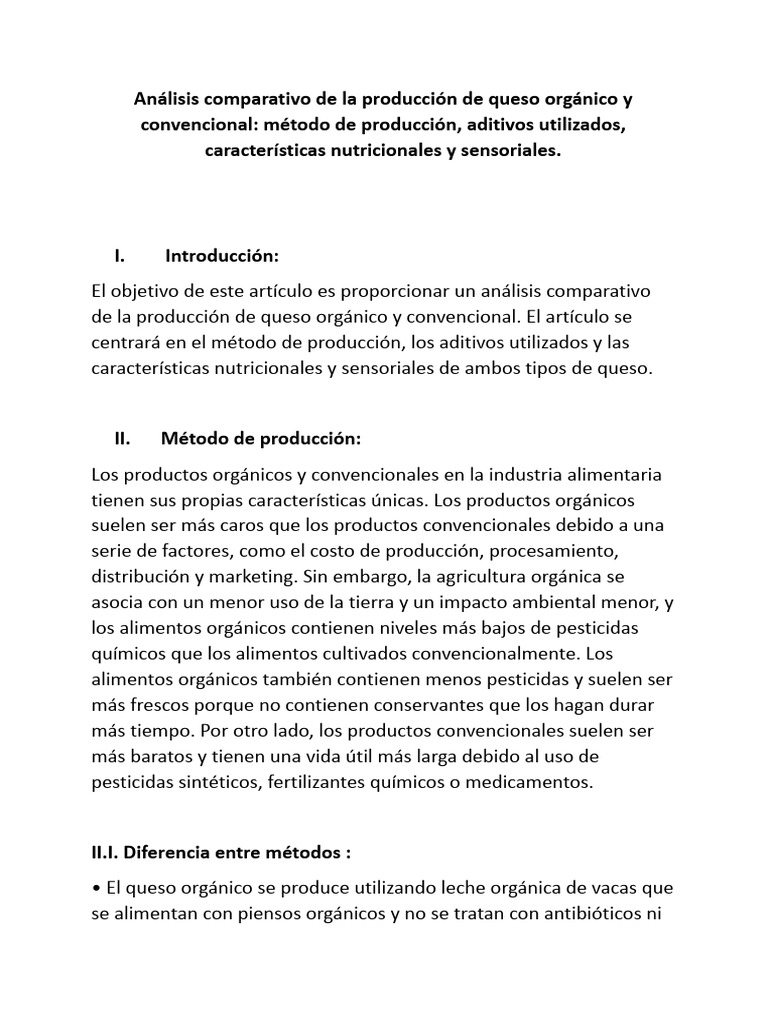 AnÃ¡lisis Comparativo de La Producciã N de Queso Orgã¡nico y Convencional | PDF | Queso ...