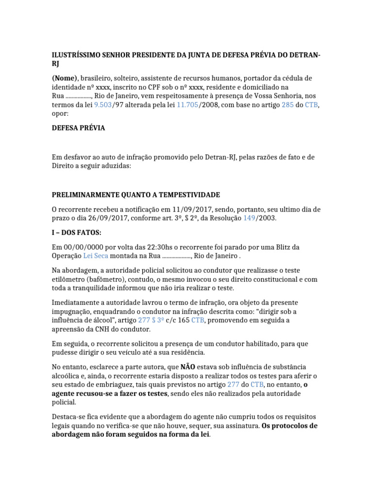Modelo Defesa Previa Teste Do Bafometro | PDF