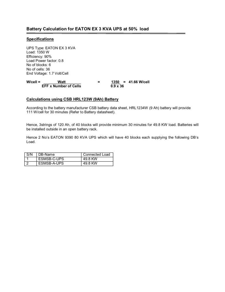 Battery Calculation For EATON EX 3 KVA UPS at 50 %load | PDF | Teaching ...